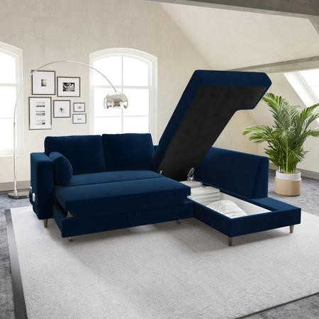 Navy Blue Velvet Right Hand Corner Sofa Bed with Storage Seats 4 Boe Page 1 BuyItDirect.ie