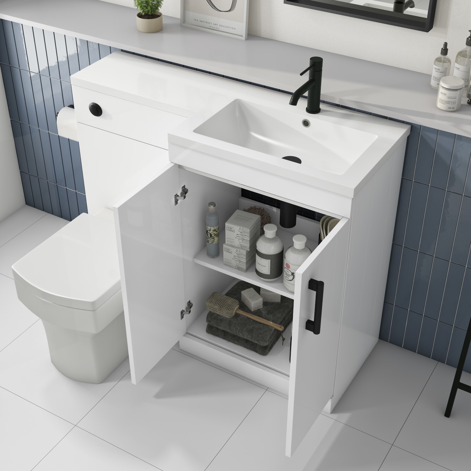 1100mm White Toilet and Sink Unit Right Hand with Square Toilet and ...