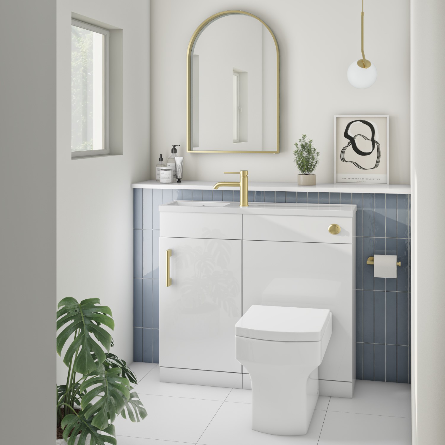 900mm White Cloakroom Toilet and Sink Unit with Square Toilet and Brass ...