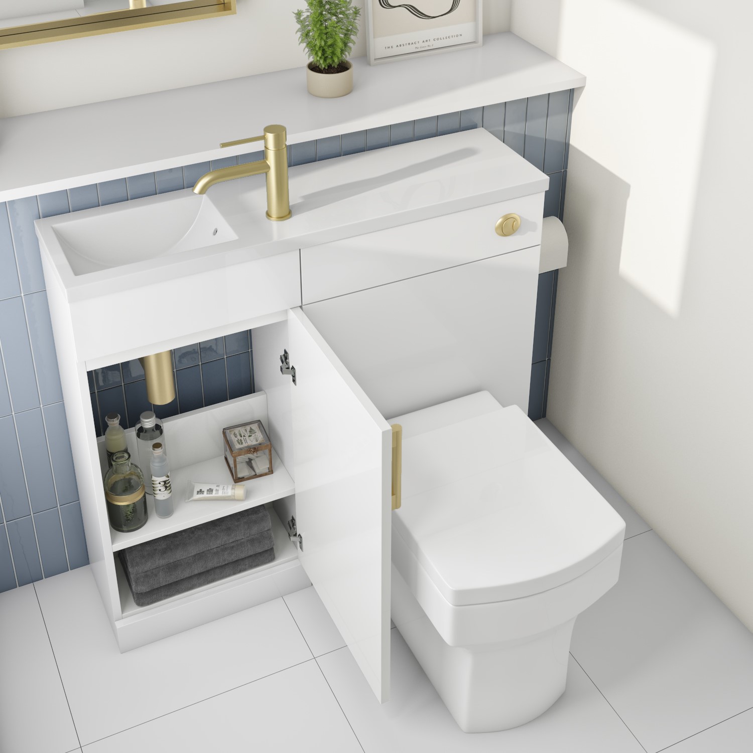 900mm White Cloakroom Toilet and Sink Unit with Square Toilet and Brass ...