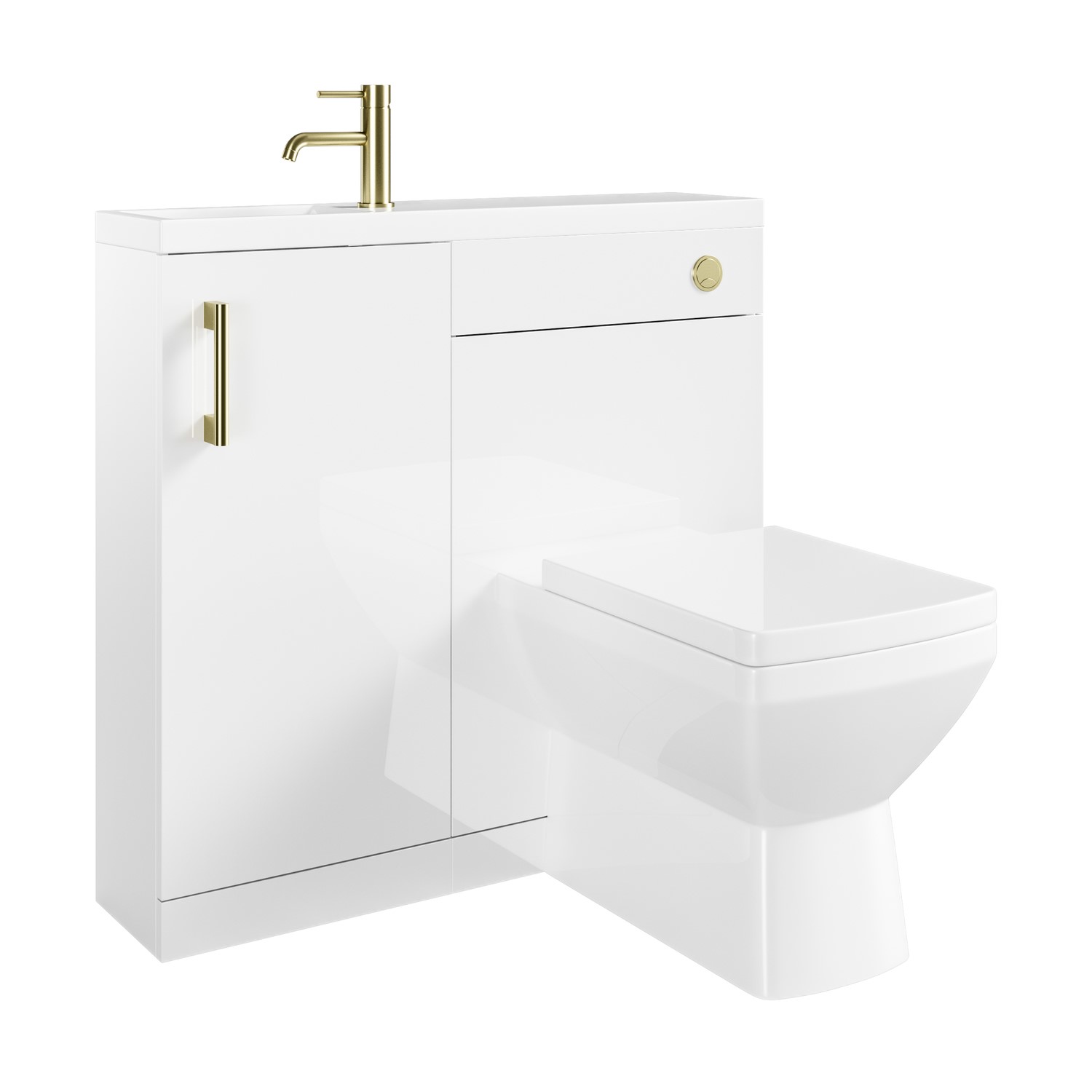 900mm White Cloakroom Toilet and Sink Unit with Square Toilet and Brass ...