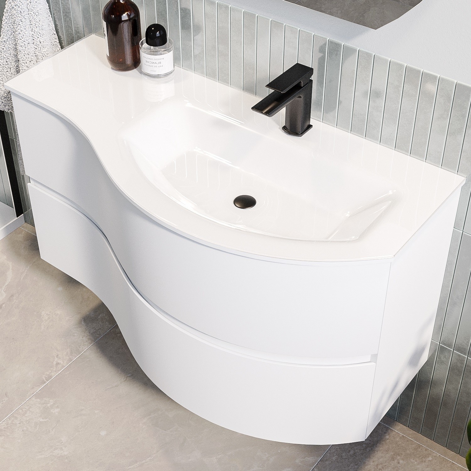 Grade A1 - 1000mm White Wall Hung Right Hand Curved Vanity Unit with ...