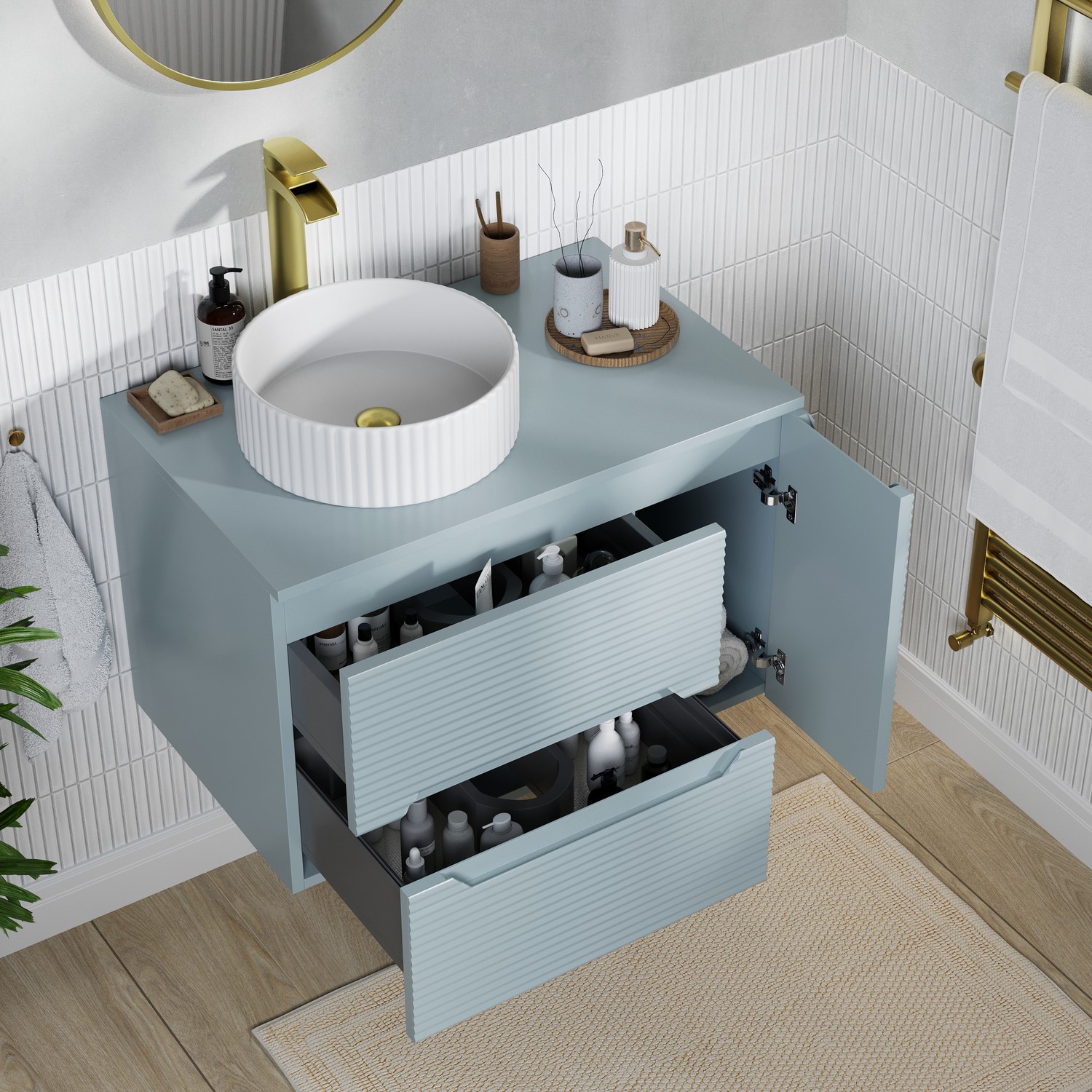 800mm Blue Fluted Wall Hung Countertop Vanity Unit with Basin ...