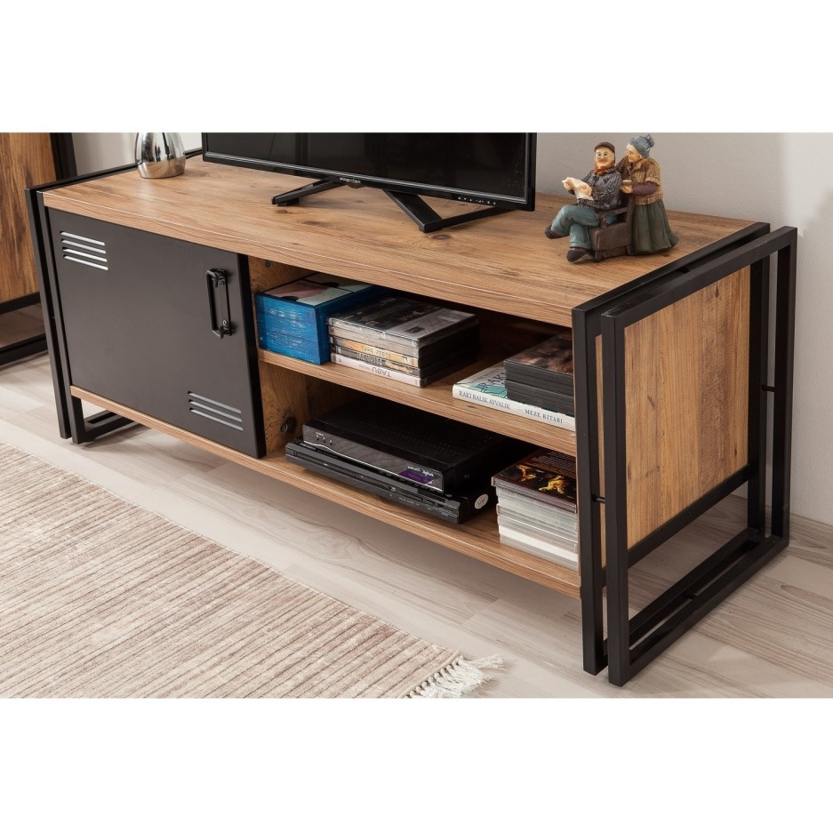 Pine and Black Metal Industrial Style TV Stand - BuyItDirect.ie