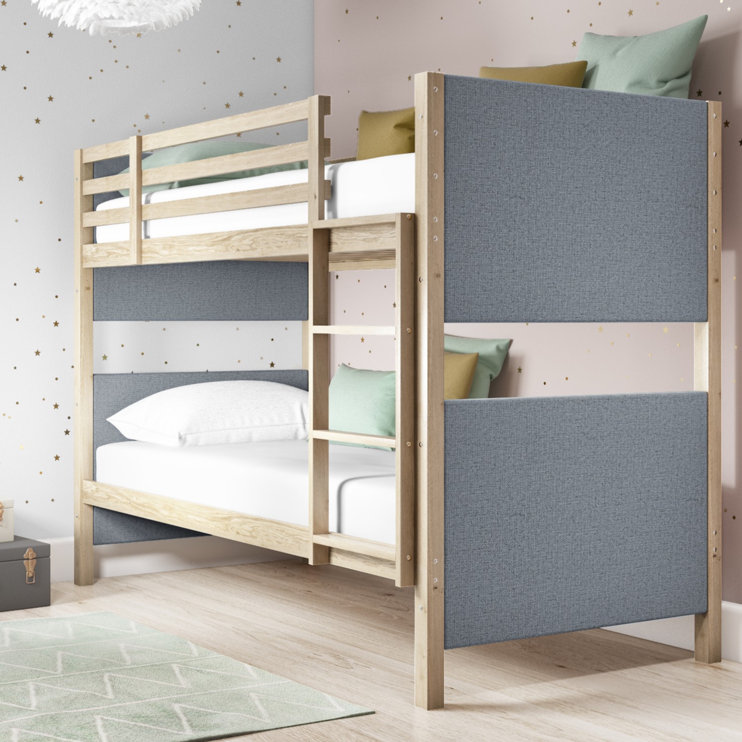 Morgan Upholstered Bunk Bed in Grey and Natural Wood - BuyItDirect.ie