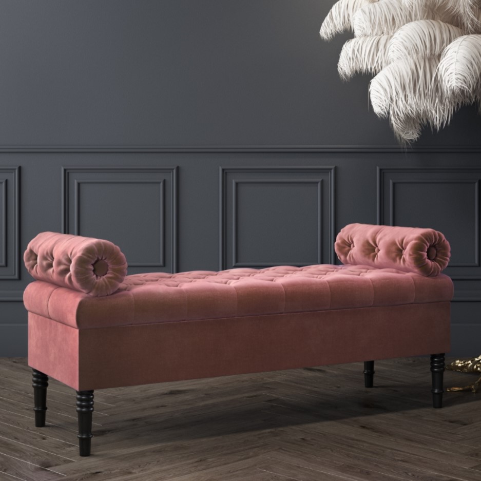 Safina Ottoman Storage Bench In Blush Pink Velvet With Bolster Cushions