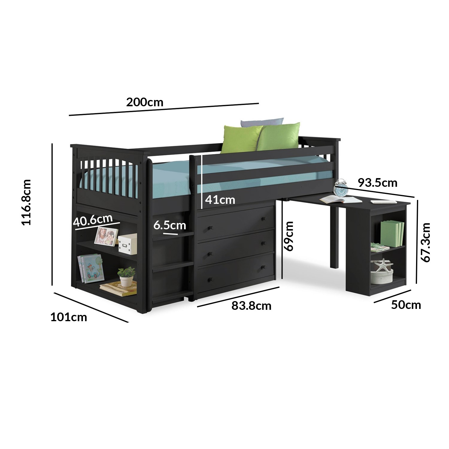 Grey Mid Sleeper Cabin Bed with Desk and Storage - Windermere ...